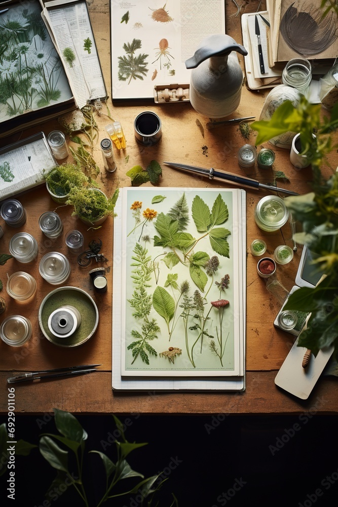 Overhead view of a biologist's workspace with microscope slides, plant ...