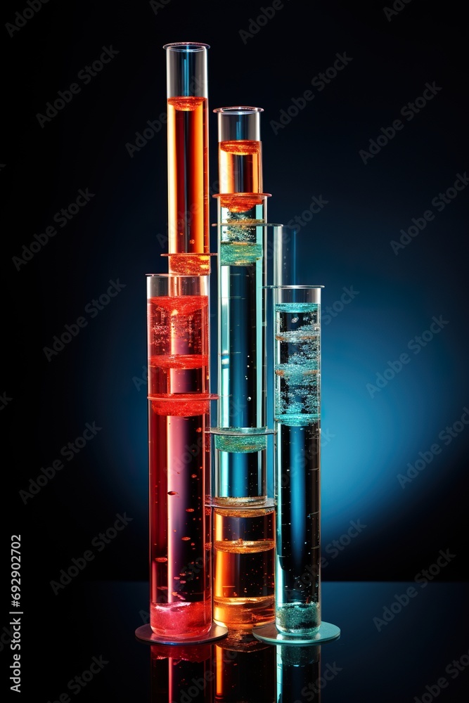 Stacked arrangement of glass tubes with varying levels of liquids ...