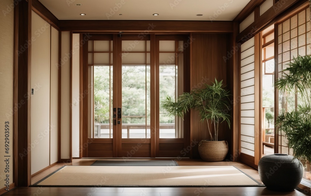 Entrance hall is designed in a modern Japanese style, featuring a door ...