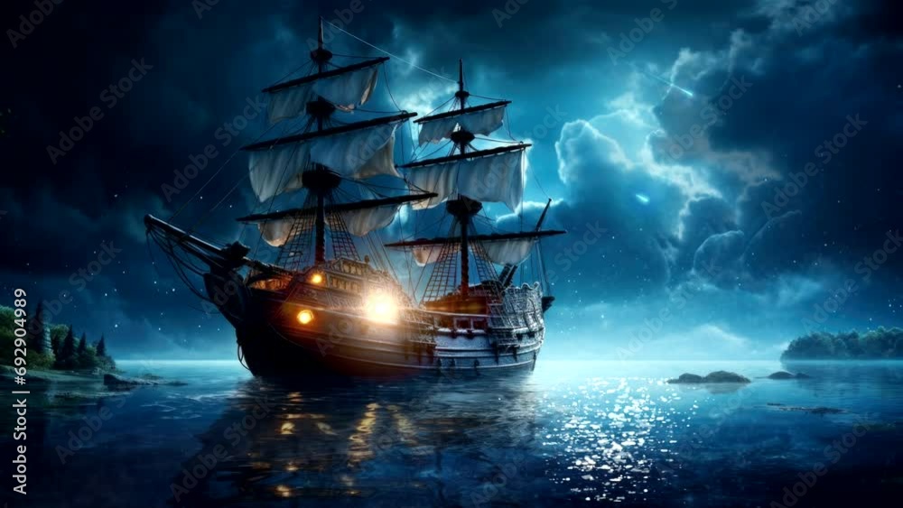 Vidéo Stock Pirate ship on the sea at night, Beautiful scenery of ...