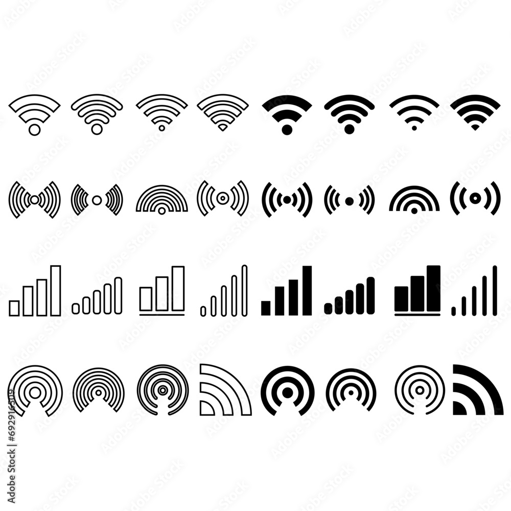 Signal set vector icons. Radio signals waves and light rays, radar ...