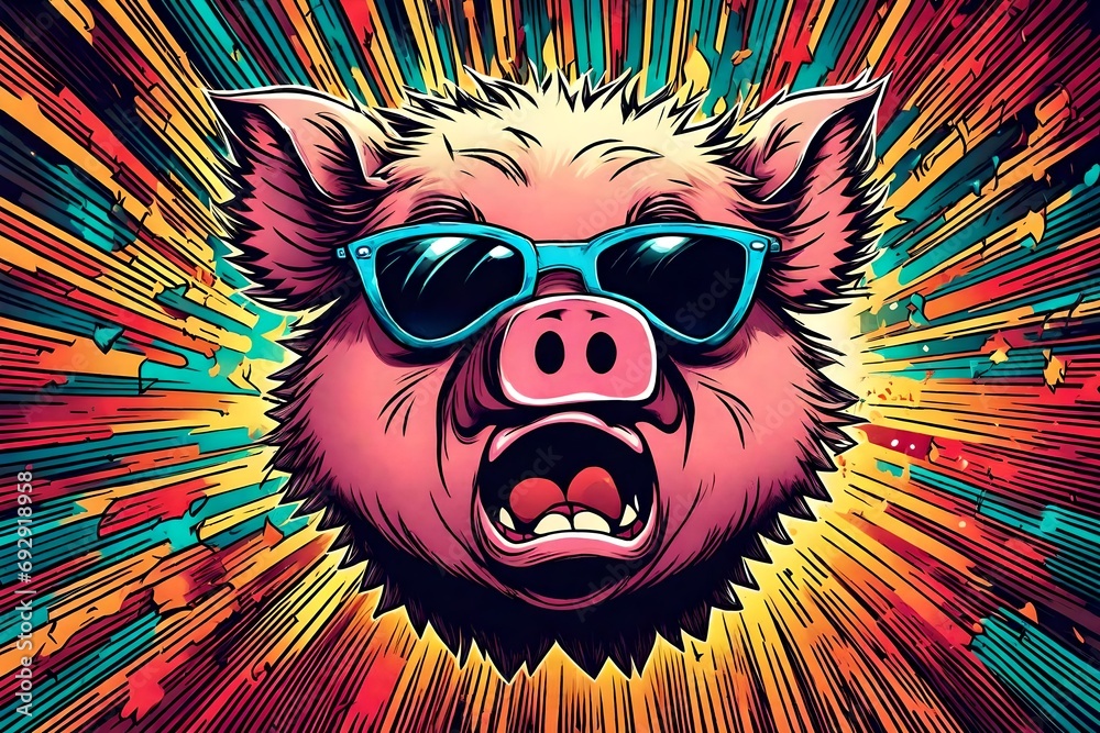 Cartoon illustration of an angry cartoon pig with afro hair and dark ...