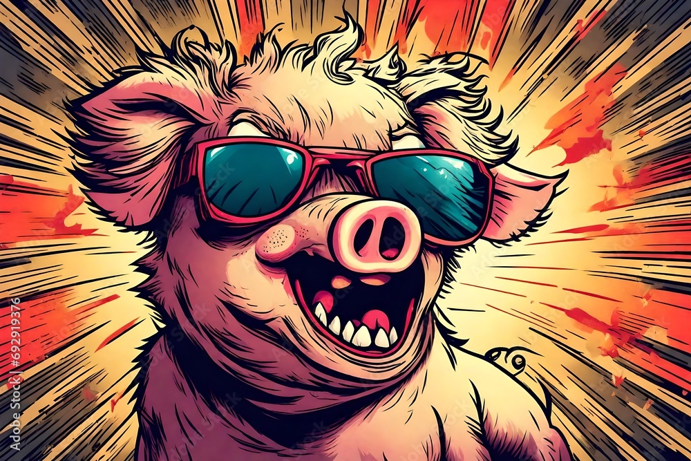 Cartoon illustration of an angry cartoon pig with afro hair and dark ...