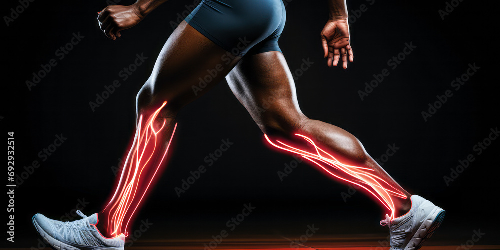 Athletic runner's legs mid stride with glowing red lines highlighting ...