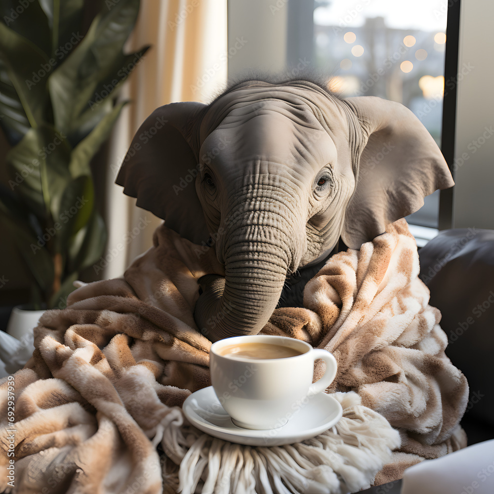 A Elephant taking bed coffee - a fantasy concept - shot of a cute ...