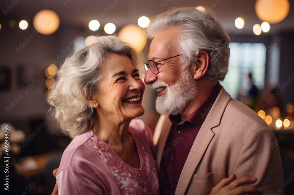 Joyful active old retired romantic couple dancing laughing in living ...