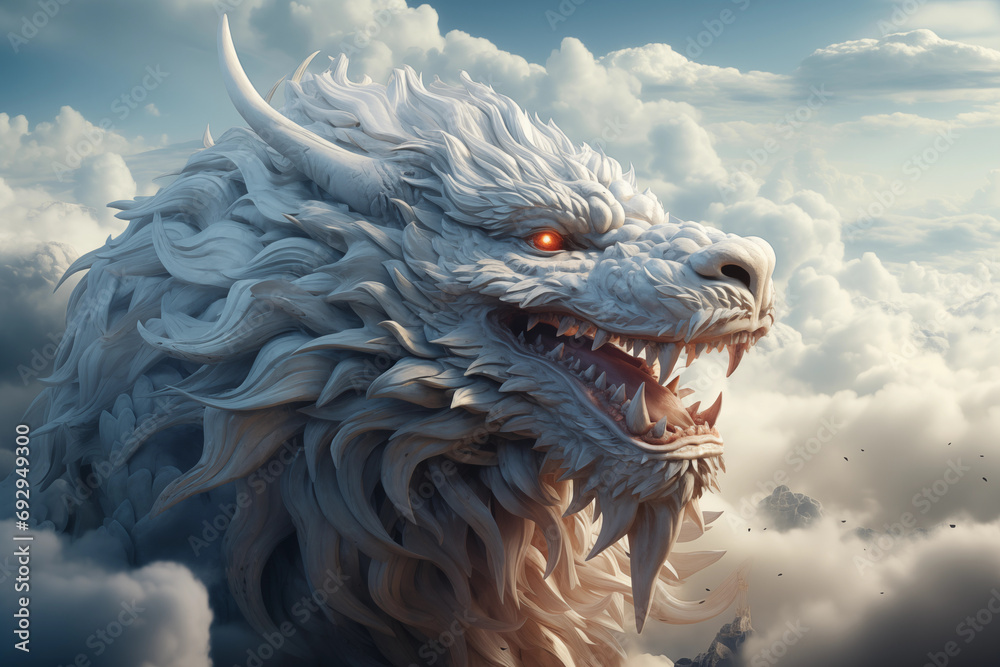 floating dragon-shaped clouds against a serene sky, combining natural ...