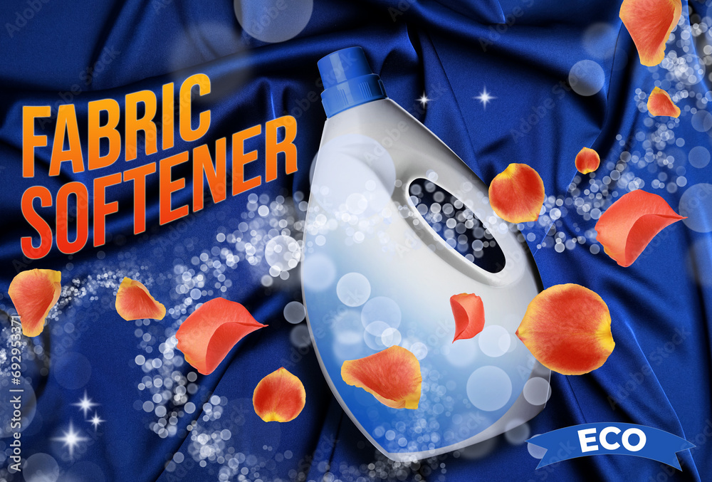 Fabric softener advertising design. Flower petals flying around bottle ...