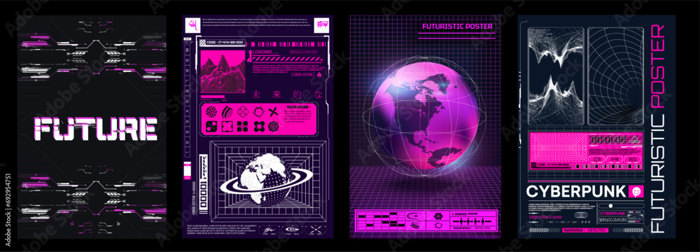 Collection of modern abstract posters. In acid style. Retro futuristic ...