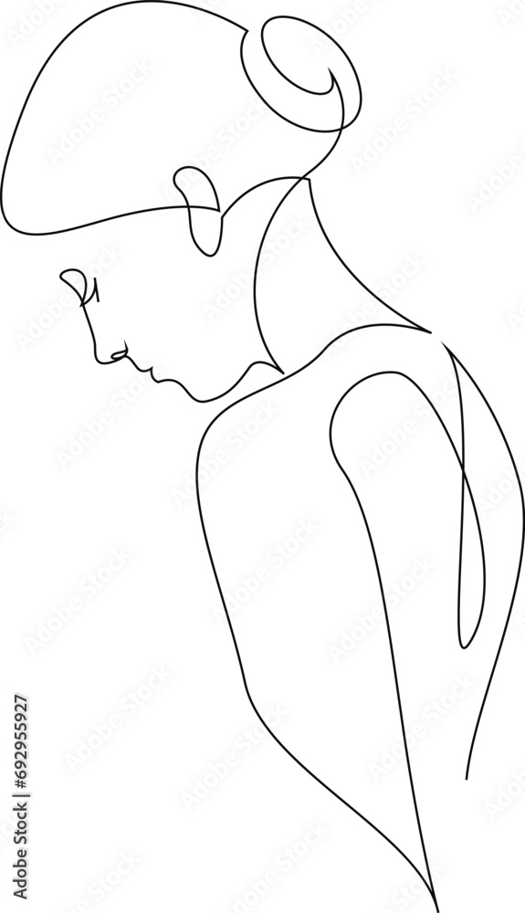 Continuous line woman drawing. Minimal woman silhouette with a hair bun ...