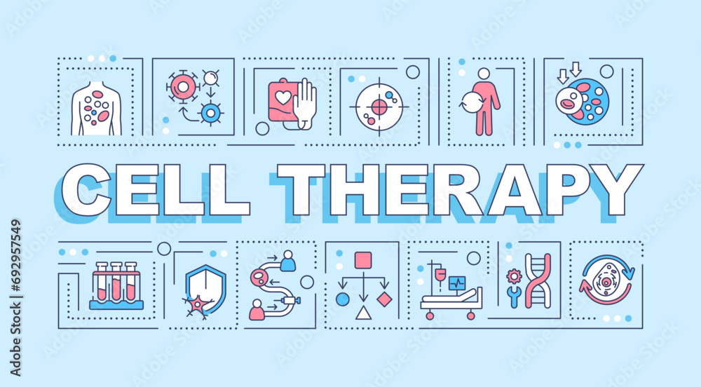 Cell therapy text with various thin line icons concept on blue ...