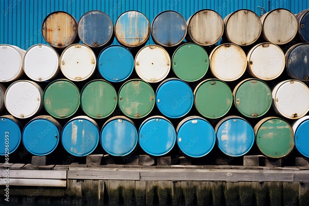 background of oil tanks stacked in a row. Old Oil Tanks. stack of rusty ...
