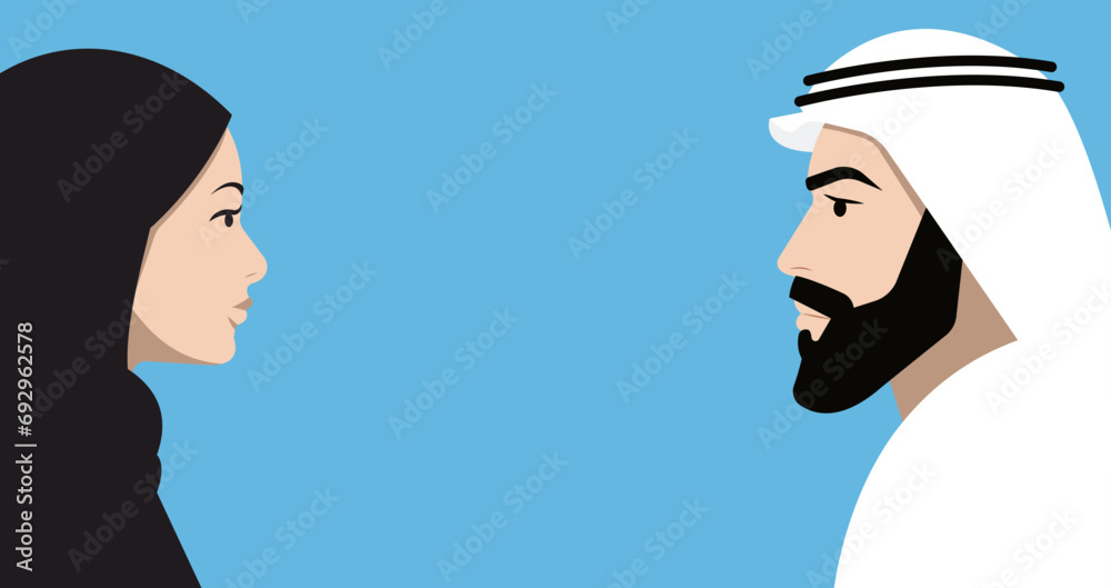 Profile portraits of an Arabian woman and man looking to each other ...