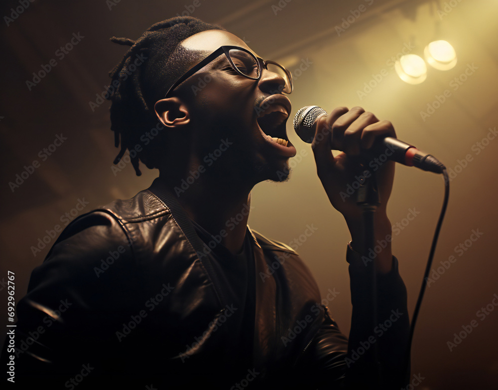 afro american man singing into microphone over dark background. black ...