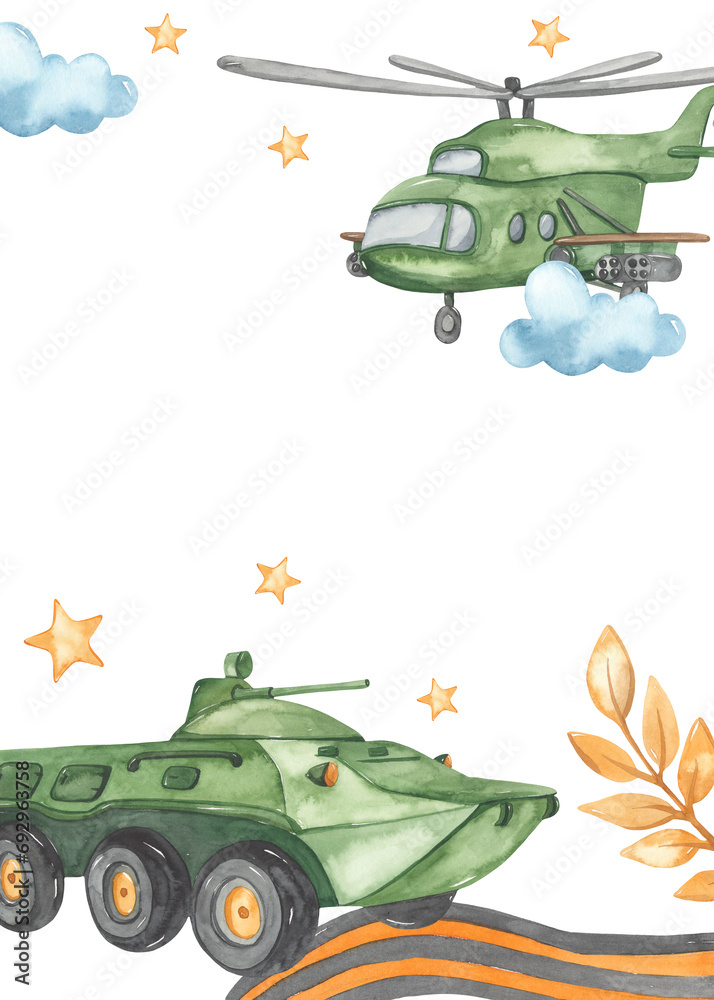 Watercolor card with military transport, military armored personnel ...