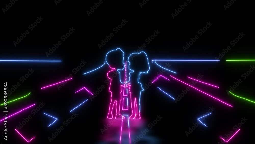 Romantic Cute Couple standing on the road. neon couple love full night ...