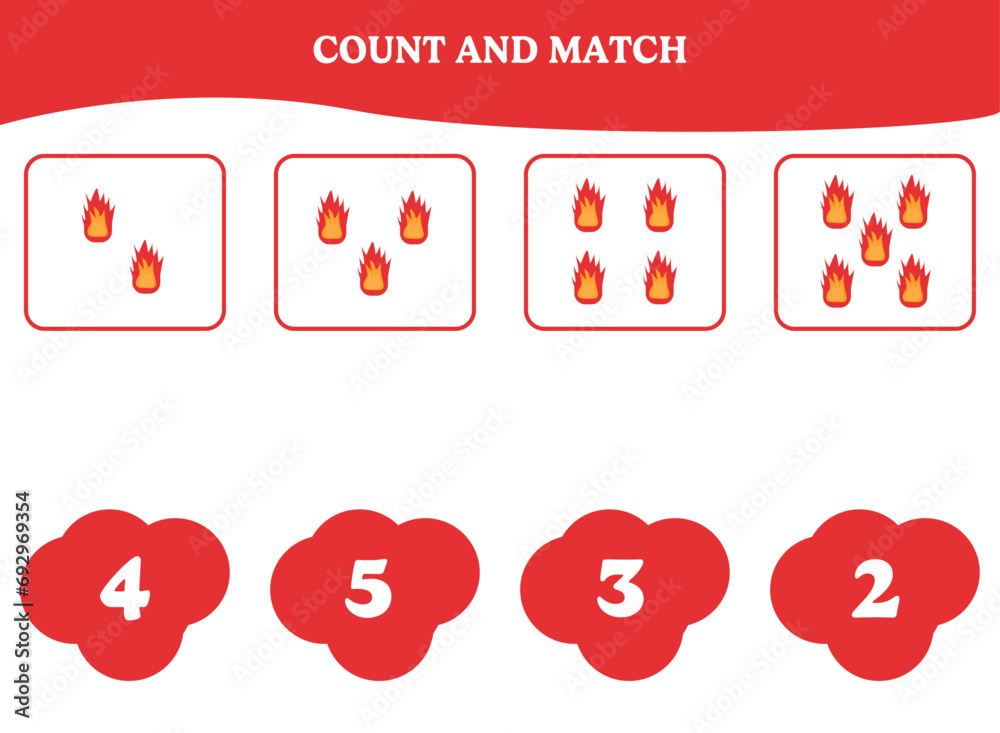 Count and match game with flame. Educational worksheet design for ...