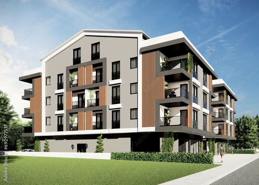3D Render of 2 Blocks Apartment Building with Wood and Plant Detail in ...