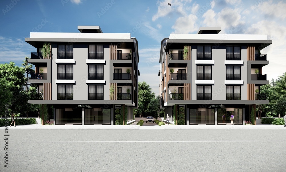3D Render of 2 Blocks Apartment Building with Wood and Plant Detail in ...