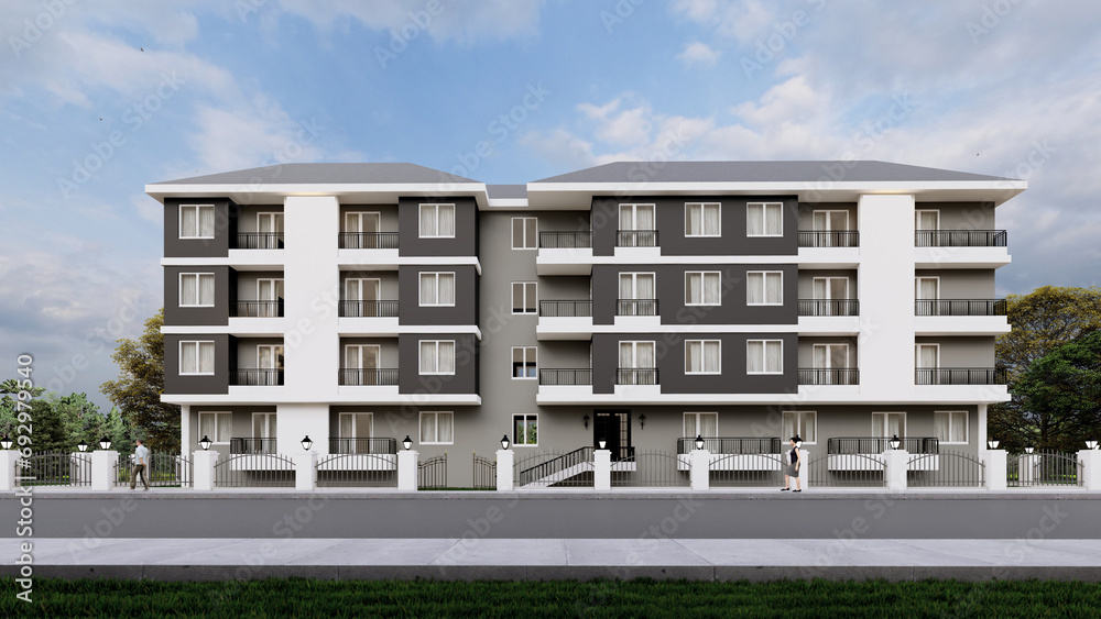 4 floors of grey and white apartment building facade render and ...