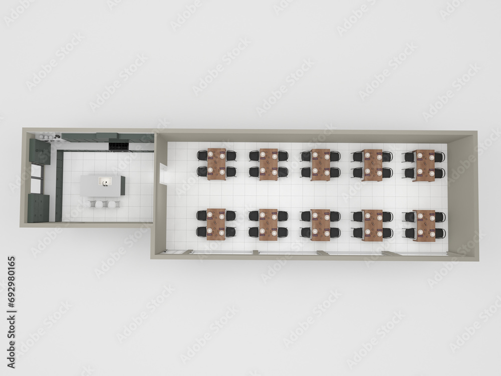 3d perspective plan of dining hall/restaurant with wide glass and ...