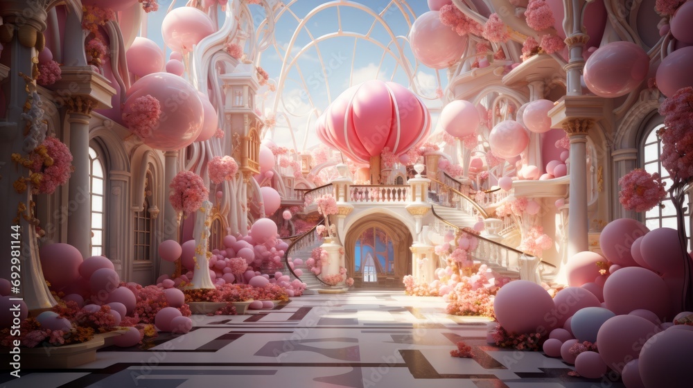 Wonderful fantasy pink castle for fairytale princess. Elegant towers ...