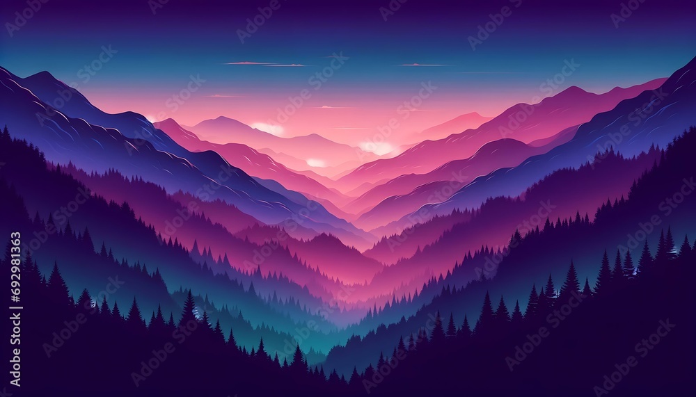 Gradient color background image with a mystical valley at dusk theme, featuring a blend of dusky ...