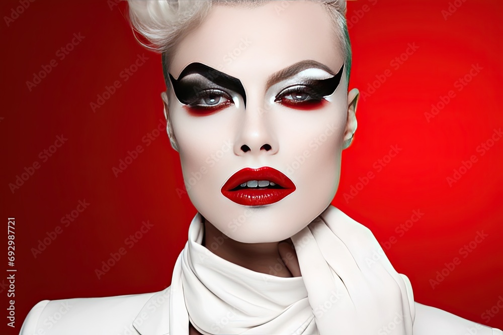 Elegant model man with bold red makeup and hat, posing against a ...