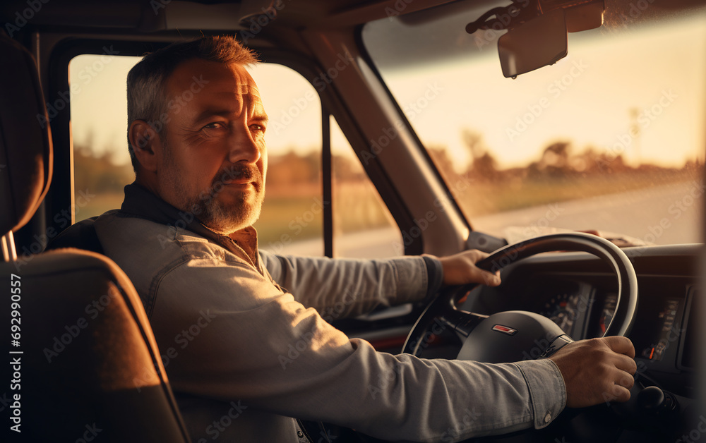 Professional senior man truck driver siting on his truck cabin and ...
