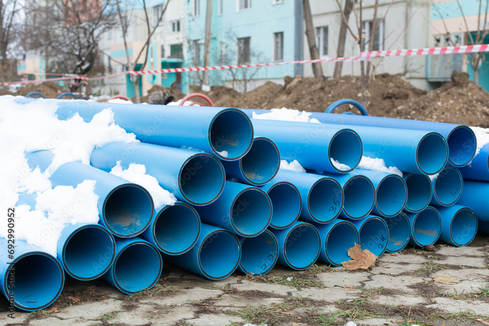 Blue Plumbing pipes. Plastic polypropylene pipe. Sanitary, sewer ...