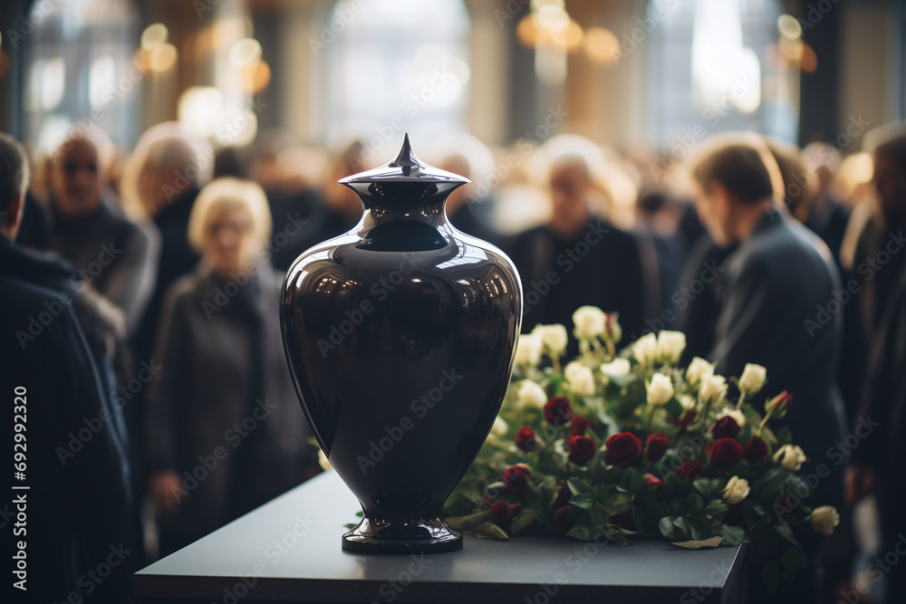 A Funeral urn with ash stands with flowers in a cemetery chapel just ...