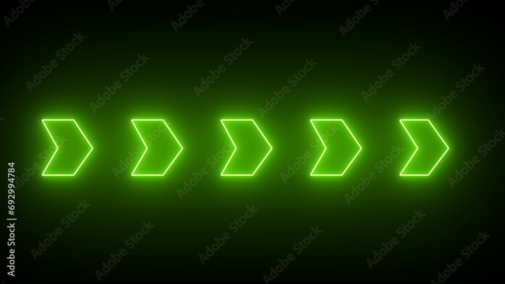 Neon right arrow icon. Set of green glowing neon arrow pointers on ...