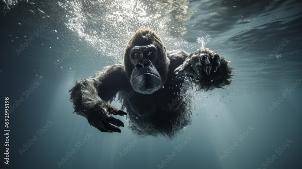 Gorilla jump into a water. Underwater photography. Animal dive into the ...