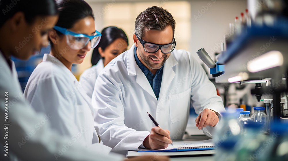 Group of student working in advanced lab with science equipment Stock ...