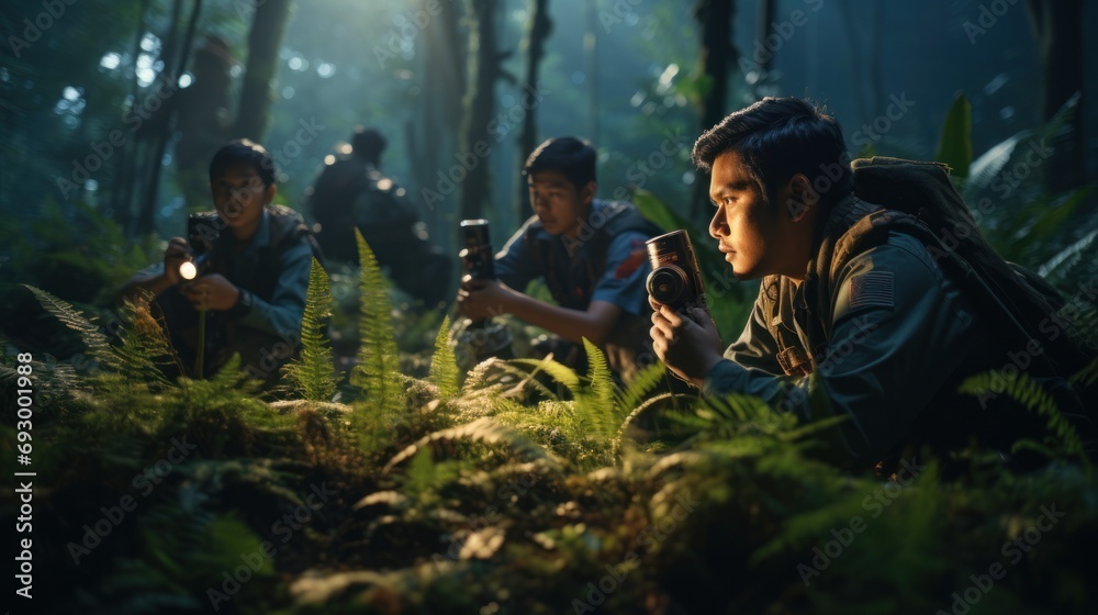 Asian Scout students, led by a squad leader and a group of Scouts ...