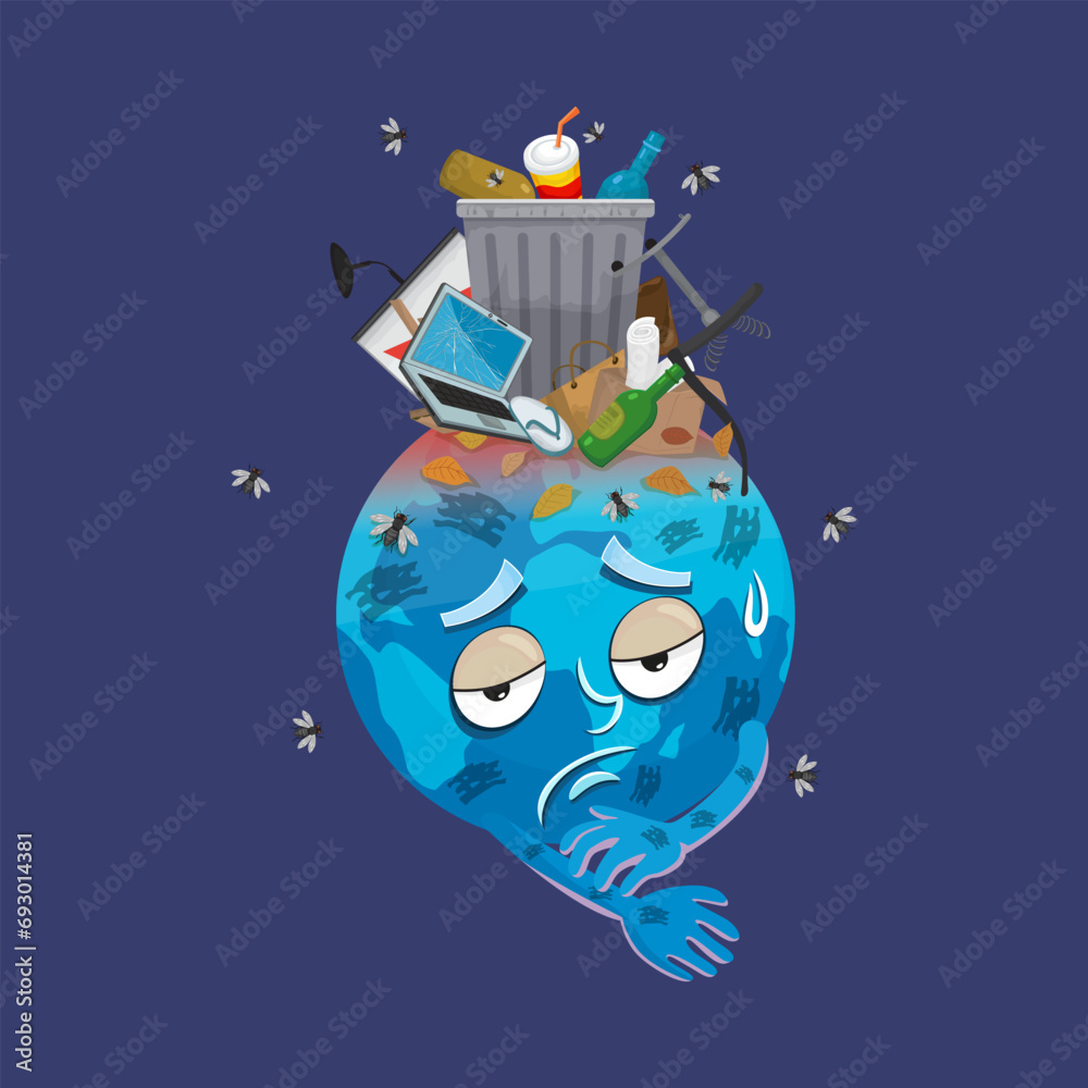 Planet earth sad suffer tired sick with human waste trash polluted ...