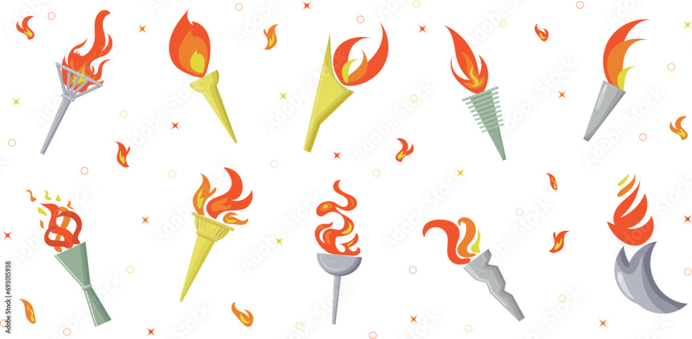 Olympic torch set. Vector isolated burning torches flames. Symbols of ...