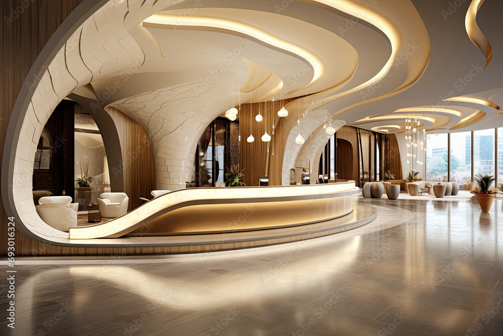 Interior of luxury hotel lobby zone with reception desk and relax zone ...