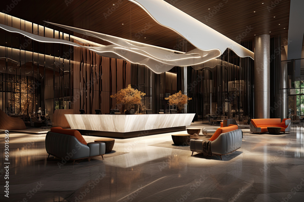 Interior of luxury hotel lobby zone with reception desk and relax zone ...