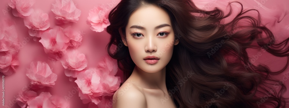 Beautiful young Asian Chinese model portrait with beautiful long hair ...