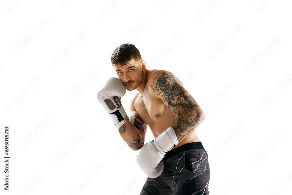 Protection. Young muscular shirtless man, boxing athlete training ...