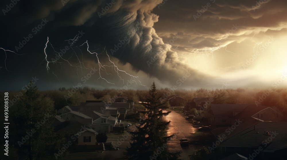 post-apocalyptic city with a hurricane with rain, fire, lightning, high ...