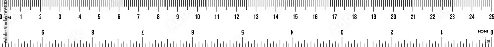 Ruler scale 25 cm and 9 inches. Centimeter and inch scale for measuring ...