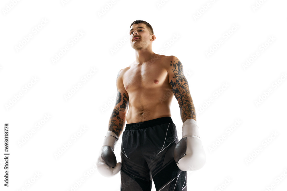 Young man with muscular strong shirtless body, boxing athlete standing ...