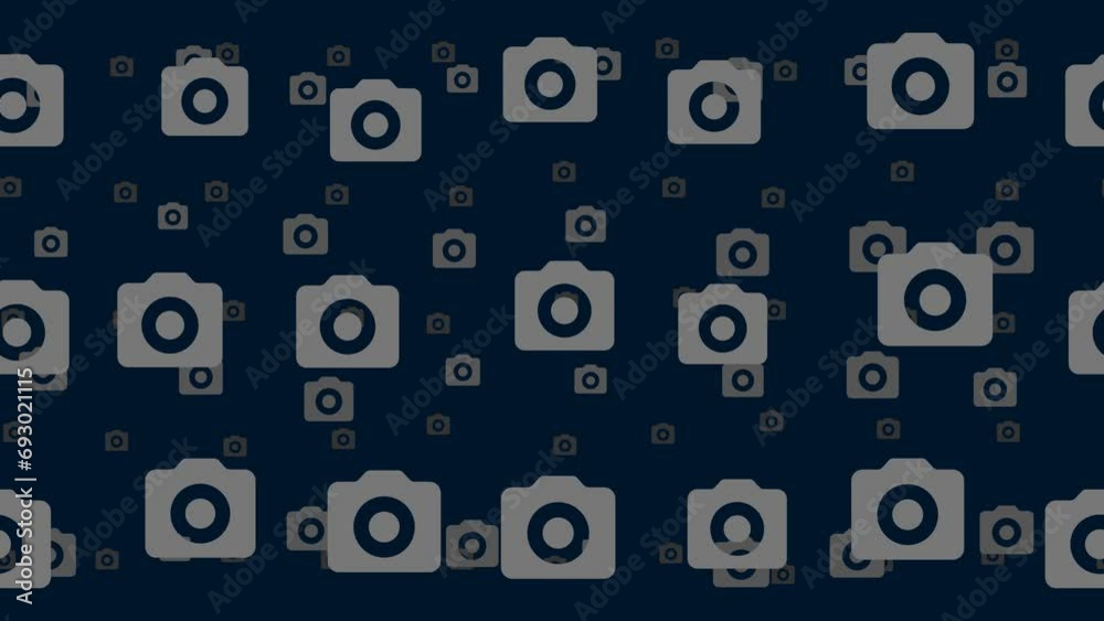 Photo camera symbols float horizontally from left to right. Parallax fly effect. Floating ...