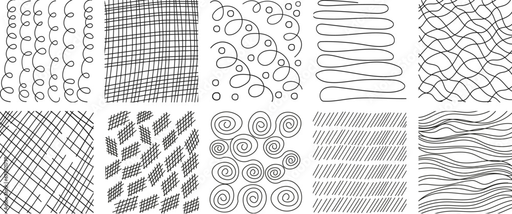 Hand drawn line textures. Includes vector scribbles,grid with irregular ...