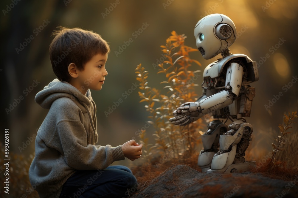 Smiling cute little robot and boy on nature background. Stock Photo ...