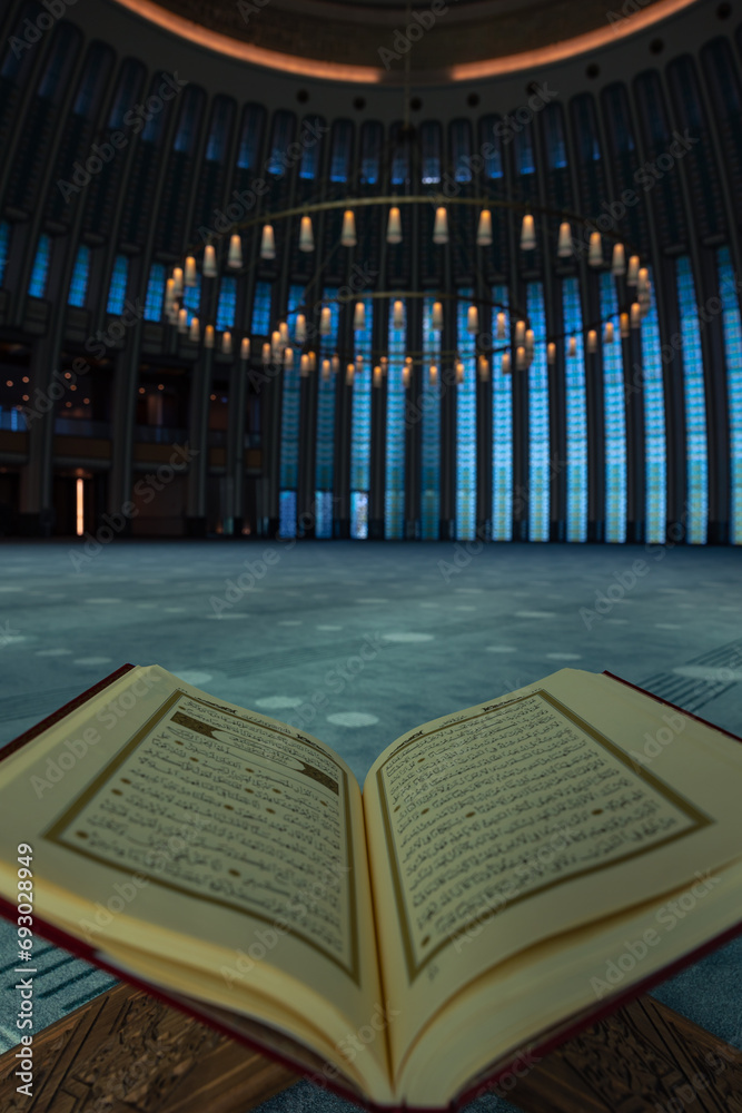 Islamic vertical photo. The Holy Quran in focus in a mosque Stock Photo ...