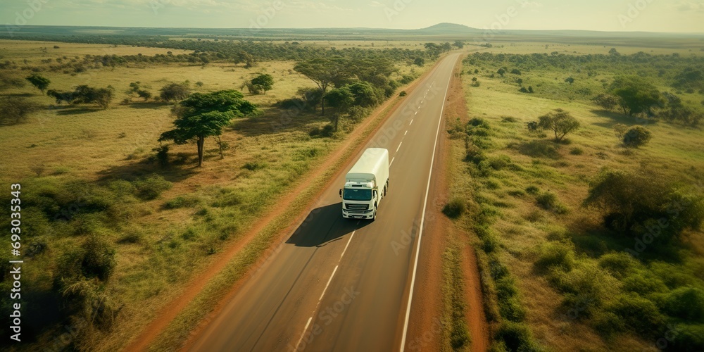 Aerial view of a delivery truck speeding along a rural road ...