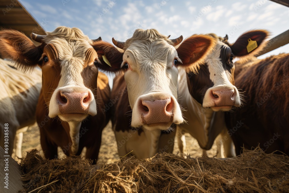 Group of cows at cowshed eating hay or fodder on dairy farm Stock Photo ...